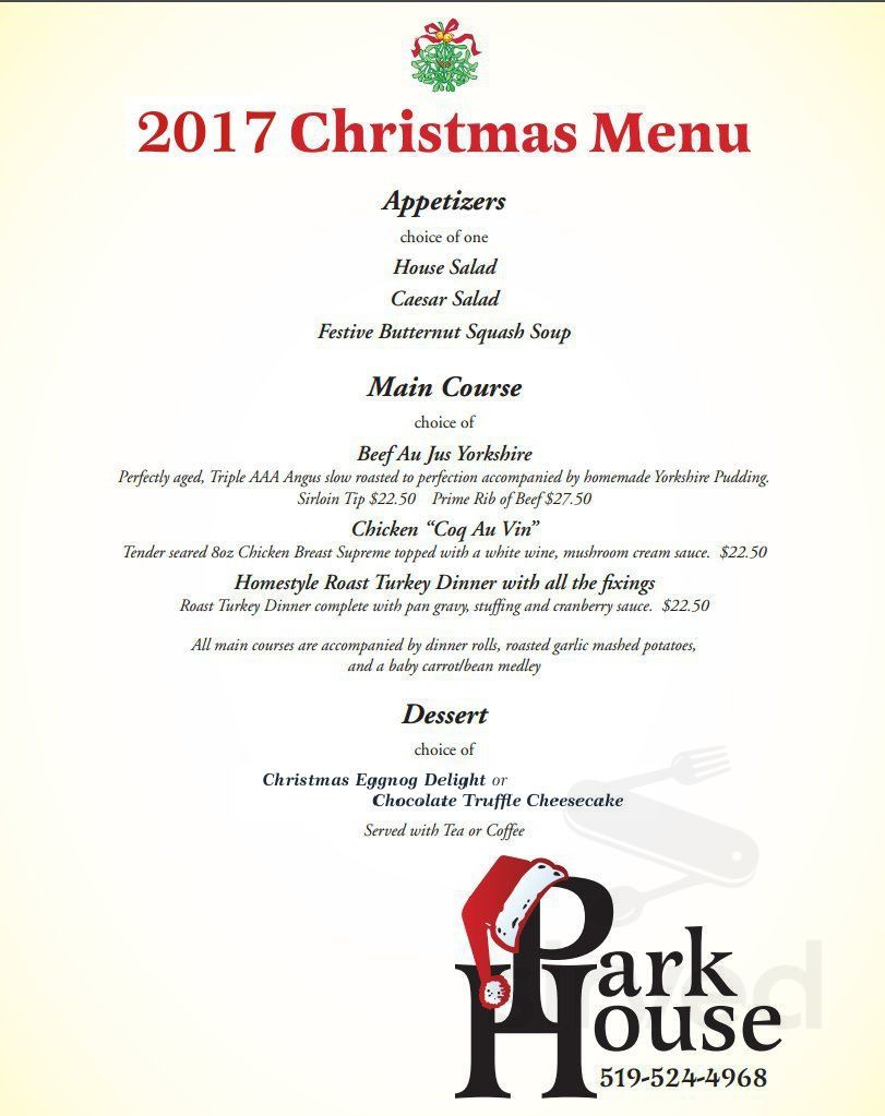 Park House Bar & Restaurant menu in Goderich, Ontario, Canada