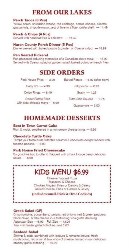 Park House Bar & Restaurant menu in Goderich, Ontario, Canada