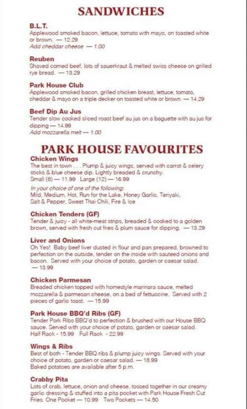 Park House Bar & Restaurant menu in Goderich, Ontario, Canada