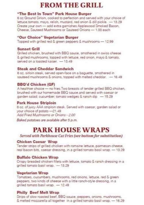 Park House Bar & Restaurant menu in Goderich, Ontario, Canada