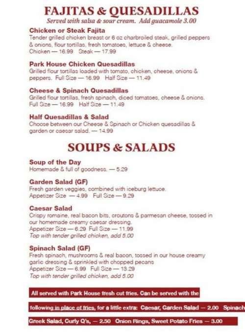 Park House Bar & Restaurant menu in Goderich, Ontario, Canada