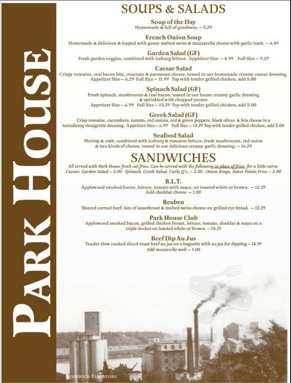 Park House Bar & Restaurant menu in Goderich, Ontario, Canada