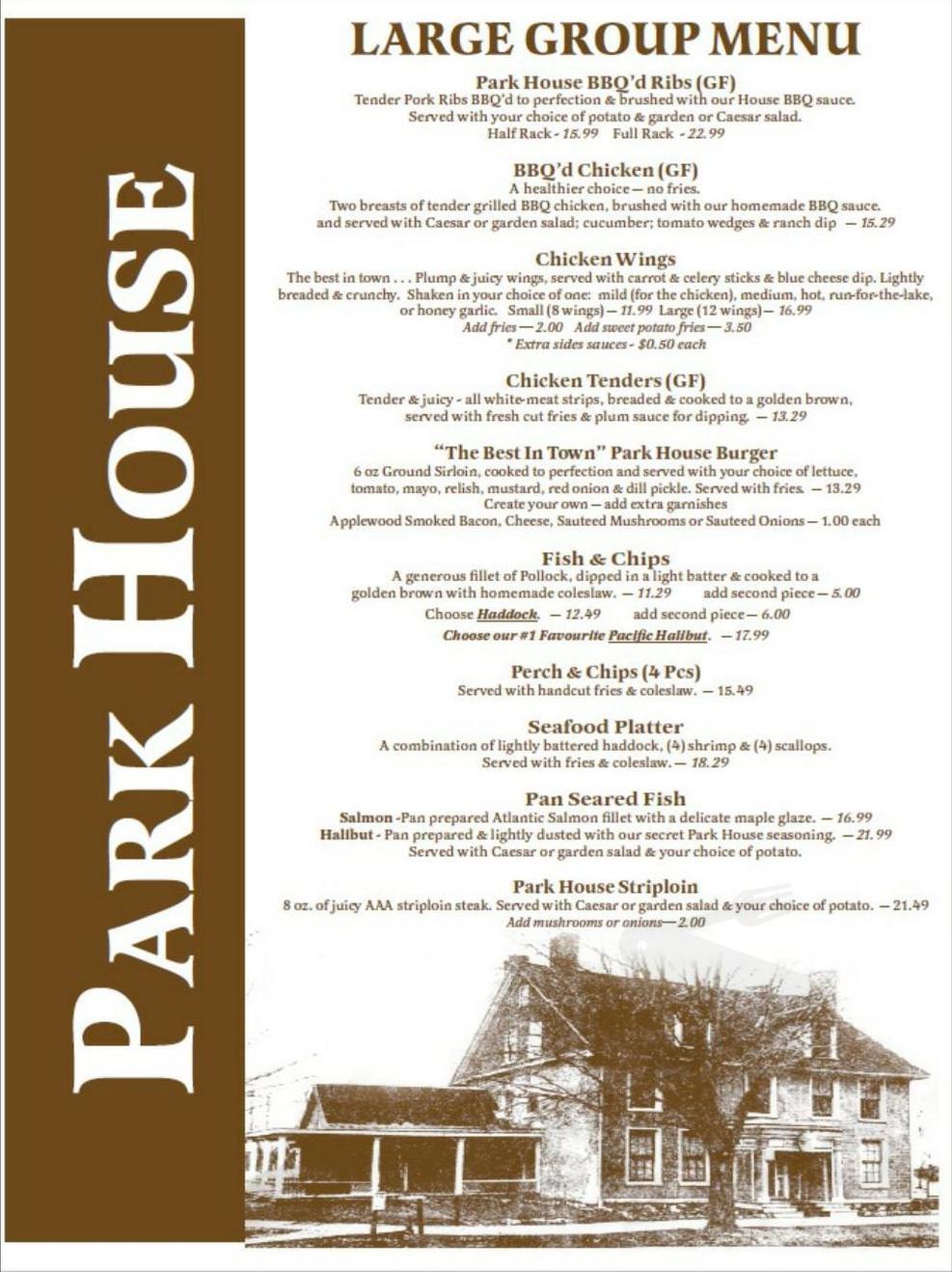 Park House Bar & Restaurant menu in Goderich, Ontario, Canada