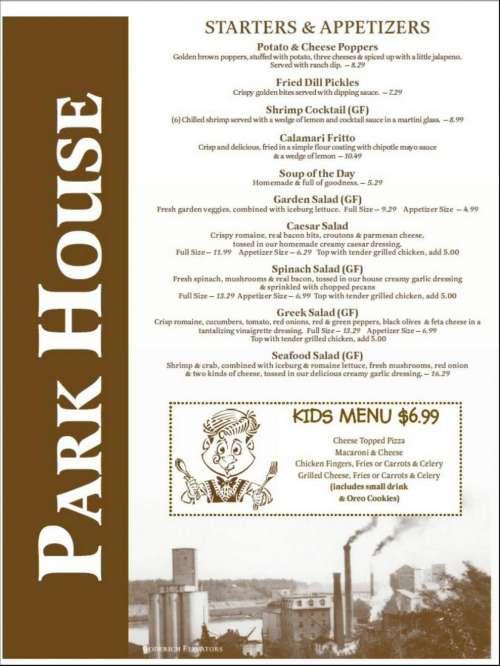 Park House Bar & Restaurant menu in Goderich, Ontario, Canada