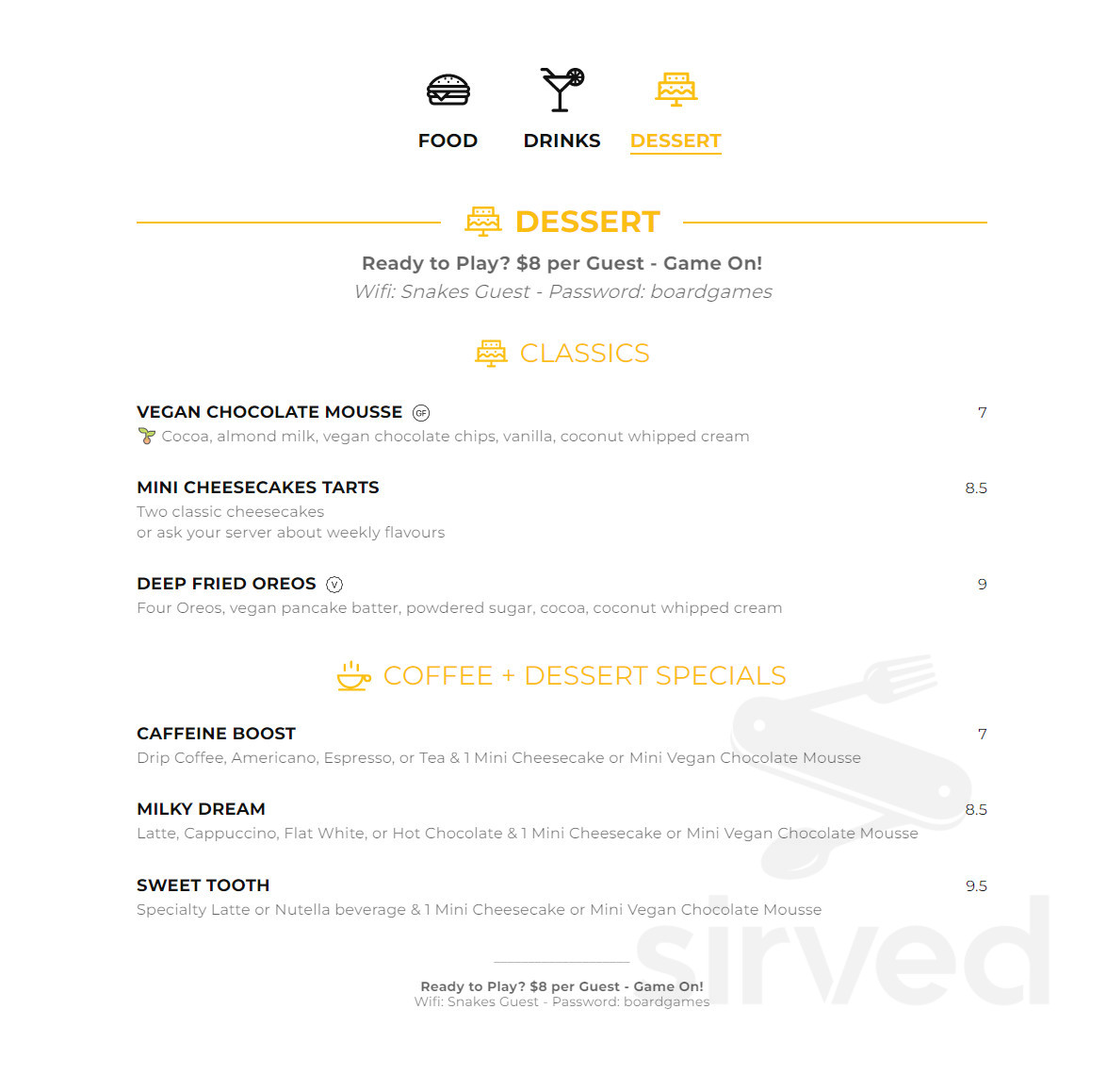 Snakes & Lattes Midtown menu in Toronto, Ontario, Canada