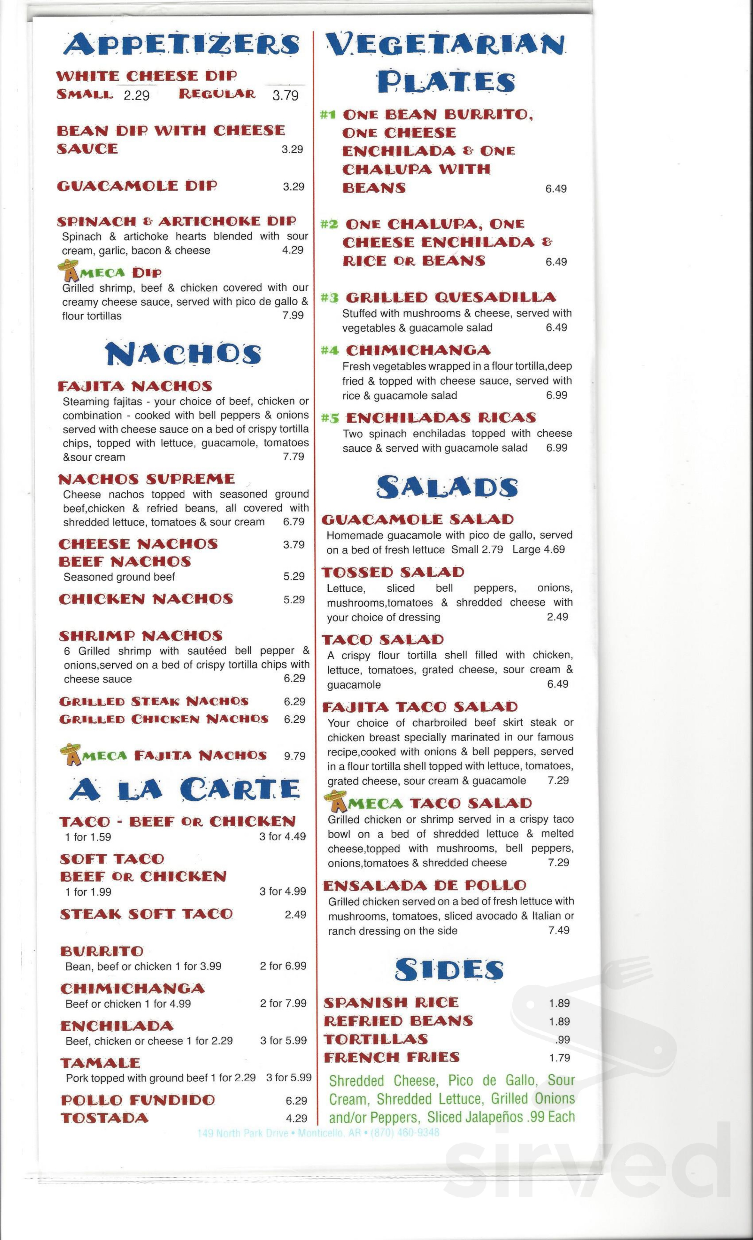 Ameca Restaurant menus in Monticello, Arkansas, United States