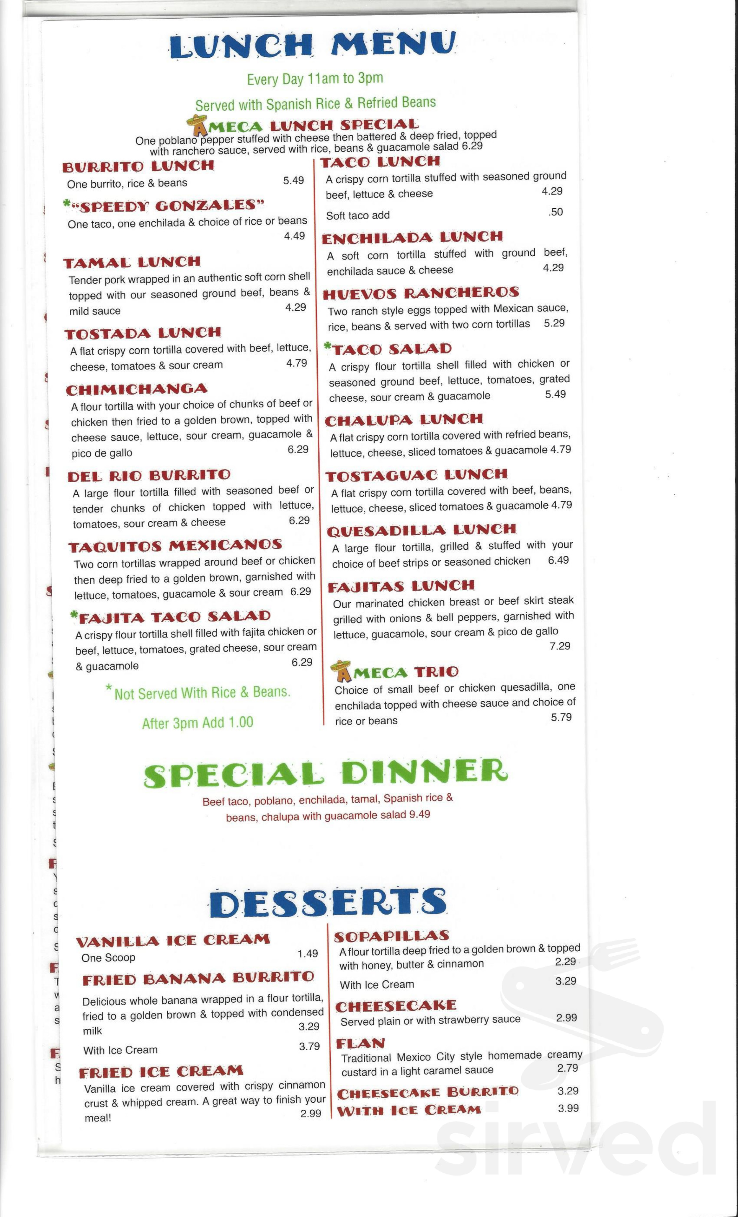 Ameca Restaurant menus in Monticello, Arkansas, United States