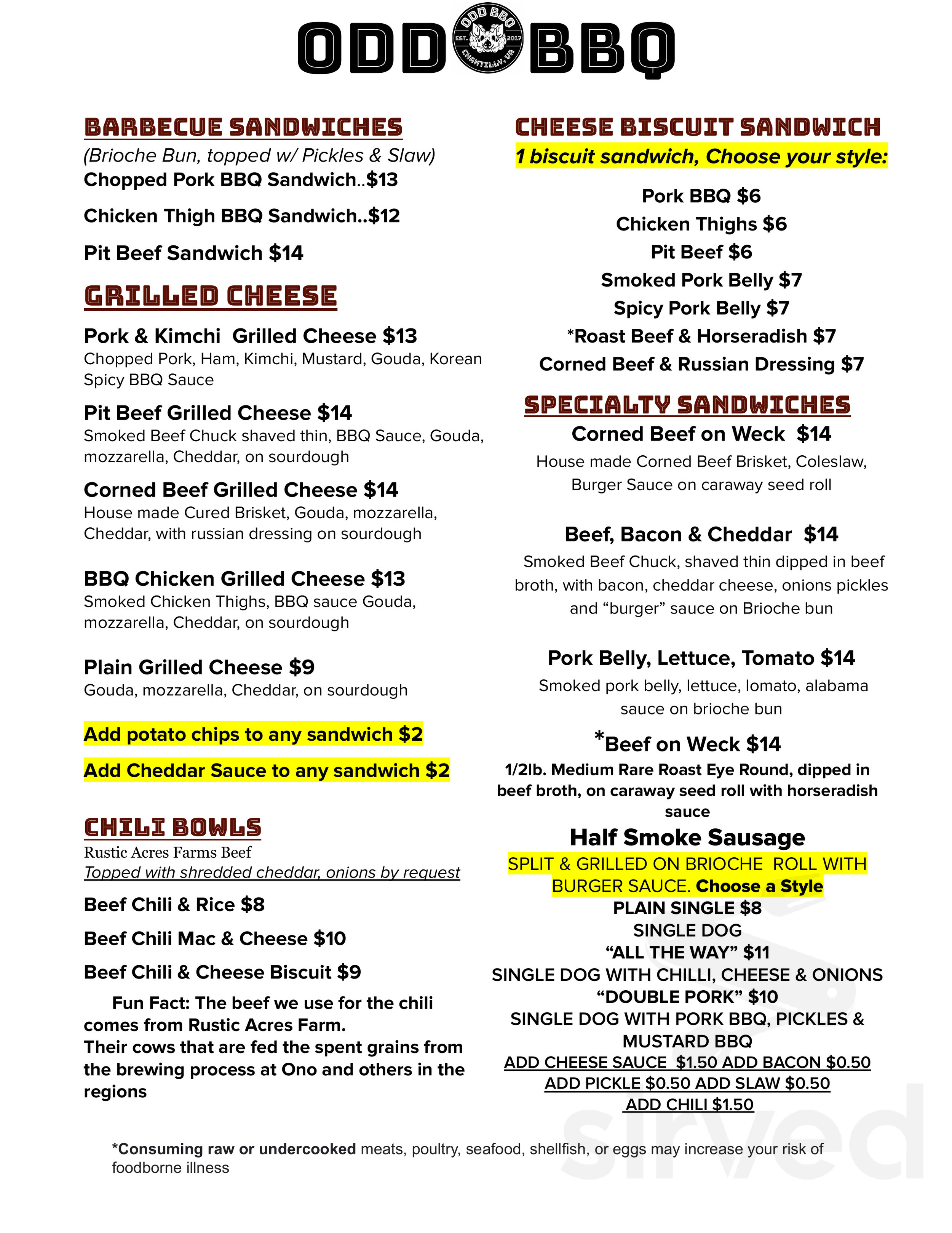 Odd BBQ menu in Chantilly, Virginia, USA