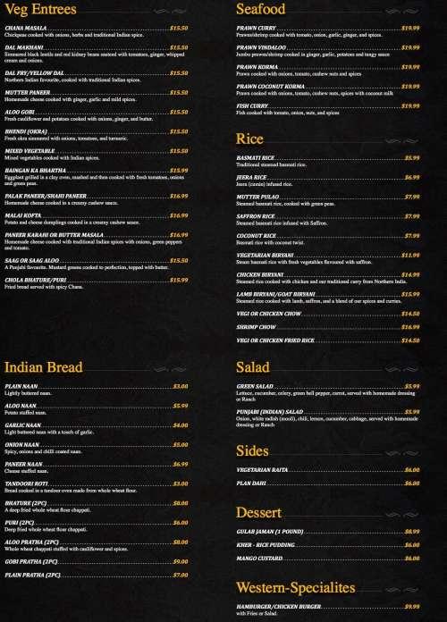 Royal curry menu in Grande Prairie, Alberta, Canada