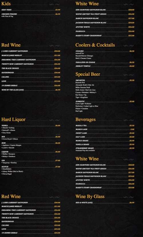 Royal curry menu in Grande Prairie, Alberta, Canada