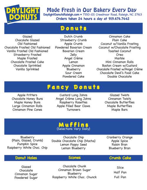 Daylight Donuts menu in Raleigh, North Carolina, USA
