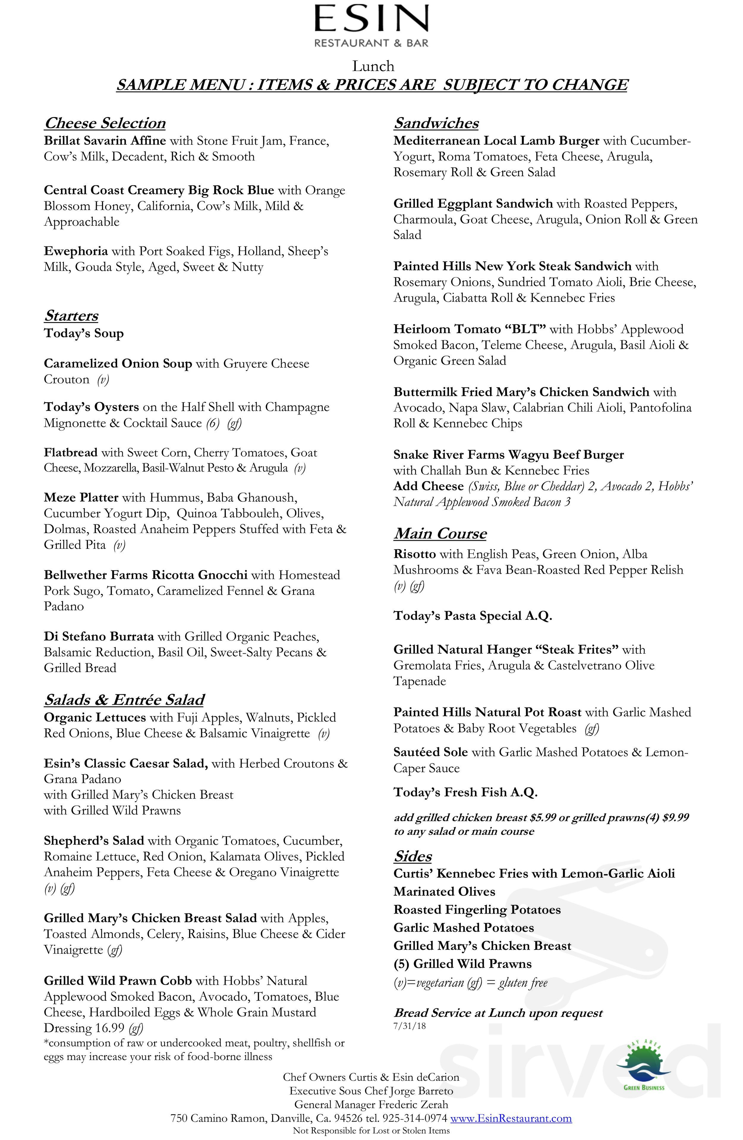 Esin Restaurant & Bar menus in Danville, California, United States