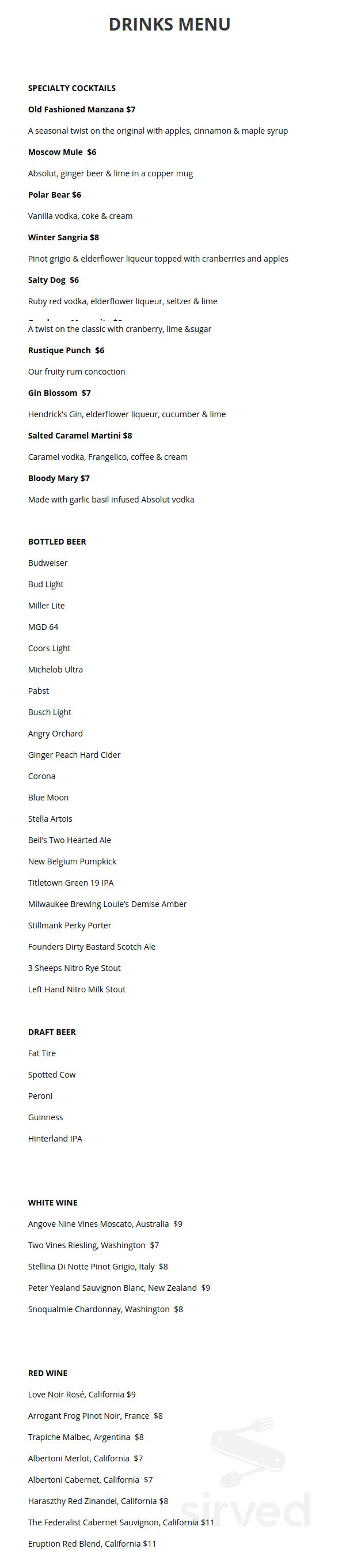 Rustique Pizzeria menu in Suamico, Wisconsin, USA