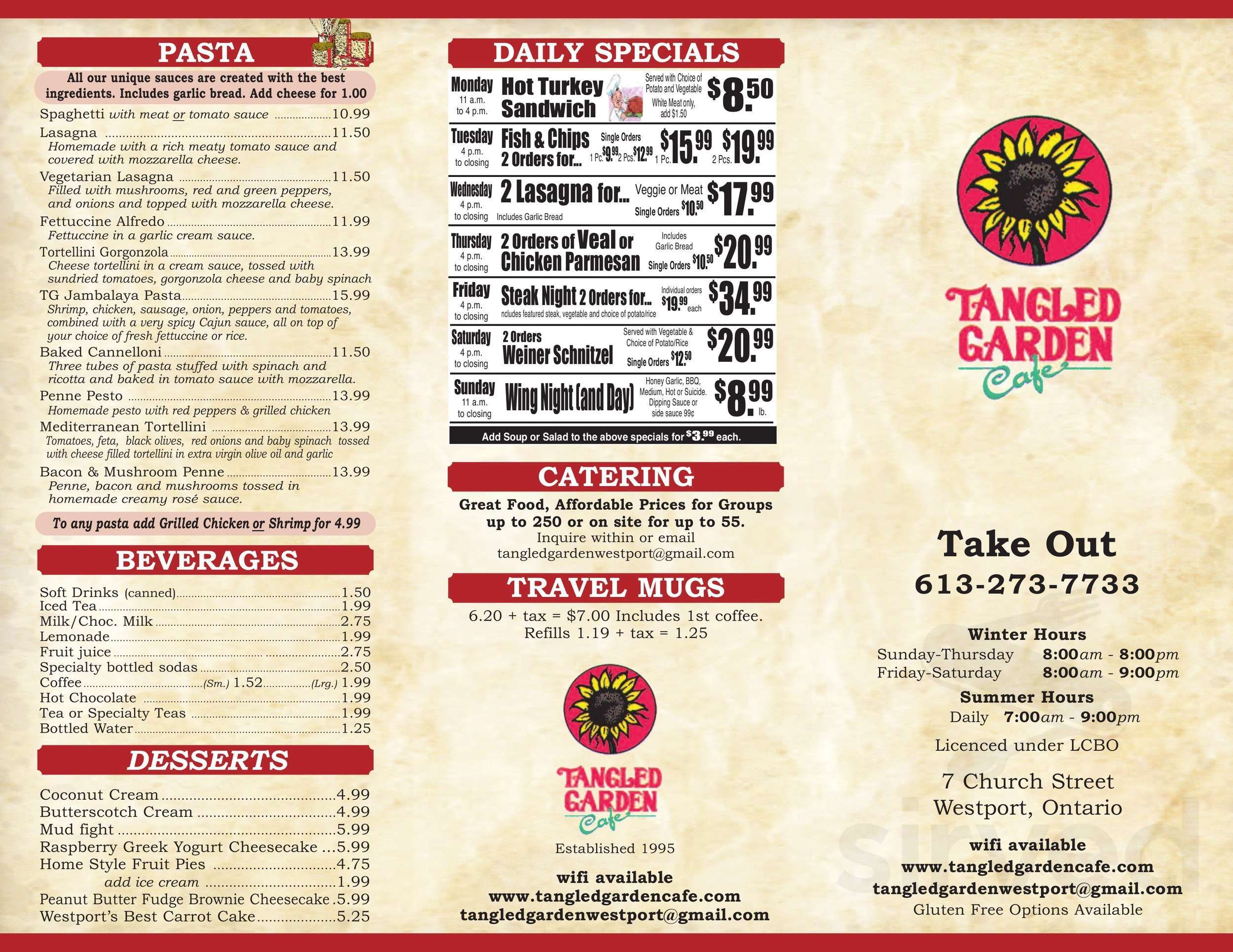 Tangled Garden Cafe menu in Westport, Ontario, Canada