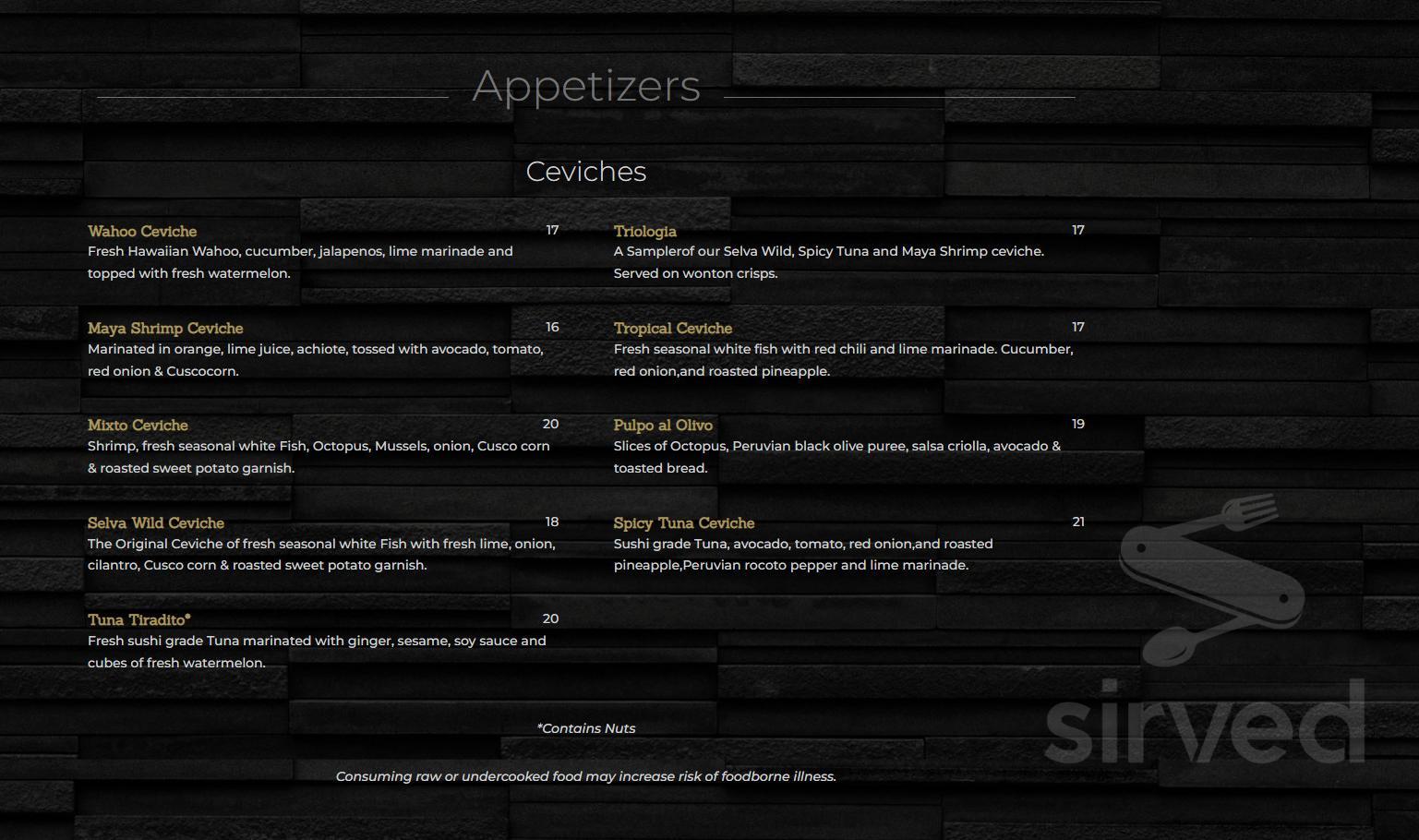 Selva Grill University Town Center menu in Sarasota, Florida, USA