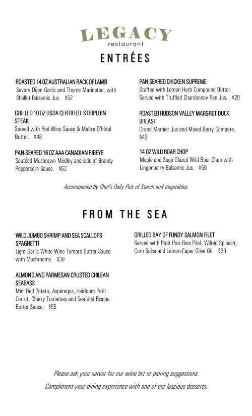 Legacy Restaurant menu in Sarnia, Ontario, Canada