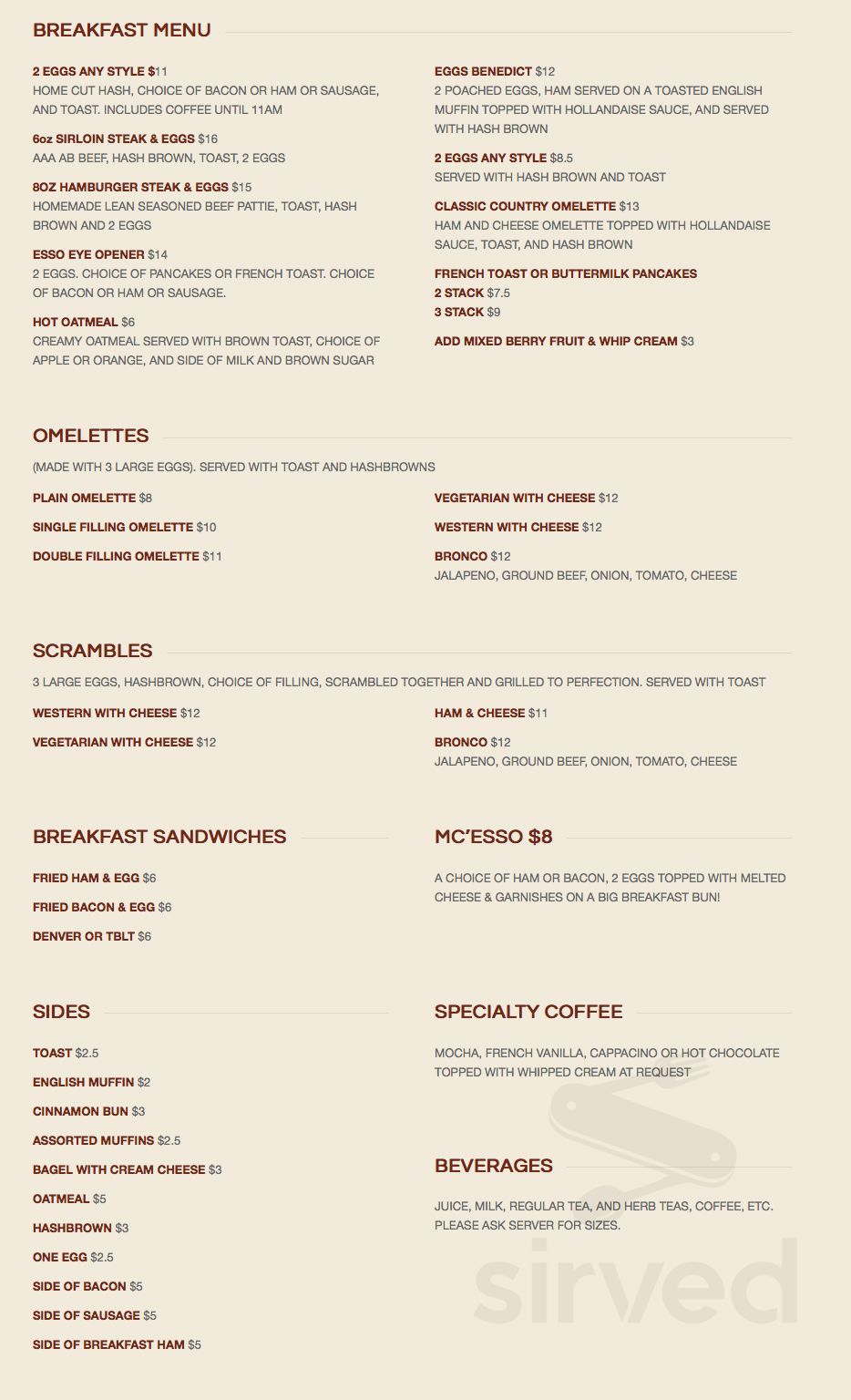 Esso Family Restaurant menu in Grassland, Alberta, Canada