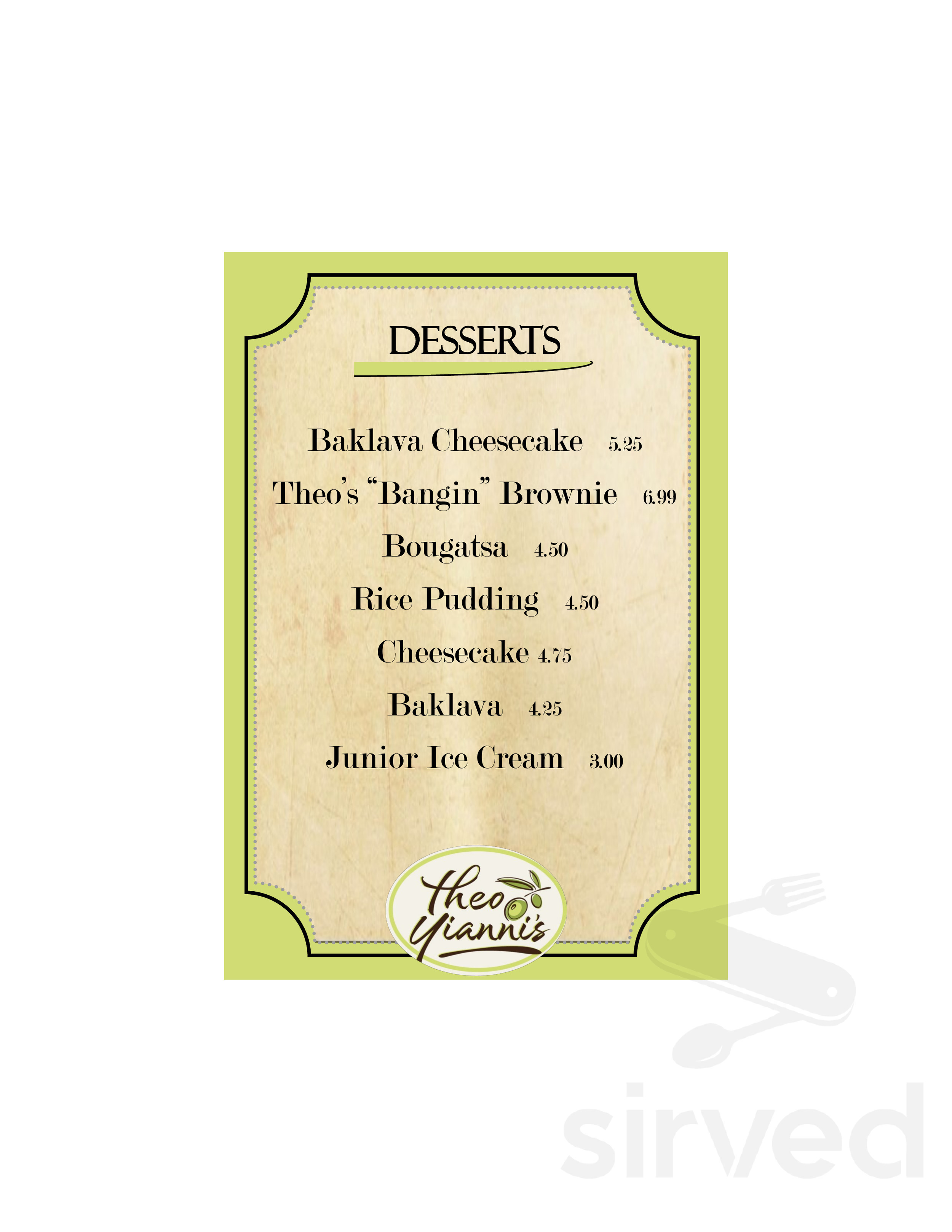 Theo Yianni's Restaurant menus in Weirton, West Virginia, United States