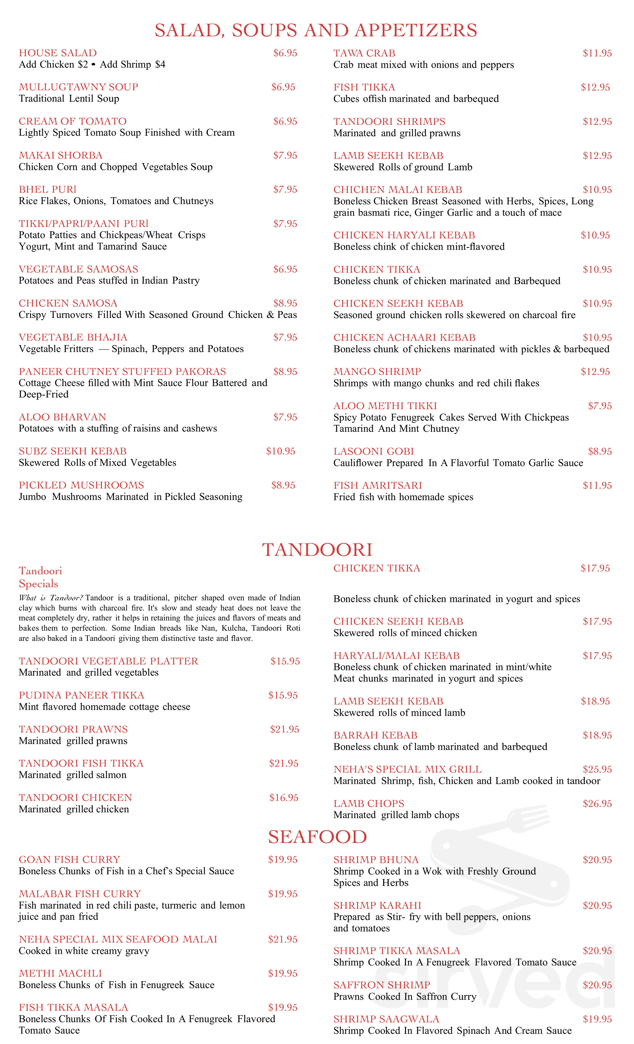 Neha Palace Indian Restaurant, Banquet Hall & Party Venue menu in ...