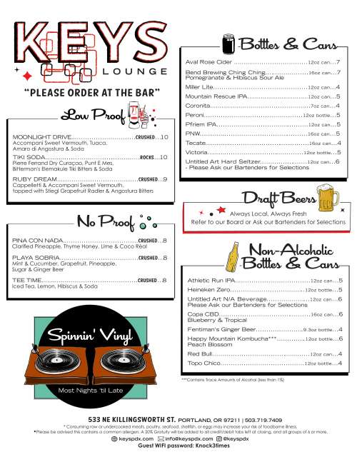 Keys Lounge menu in Portland, Oregon, USA