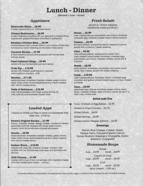 Emma's Family Restaurant menu in Greenwood, Delaware, USA