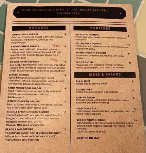 Old Beverly Cafe menu in Edmonton, Alberta, Canada