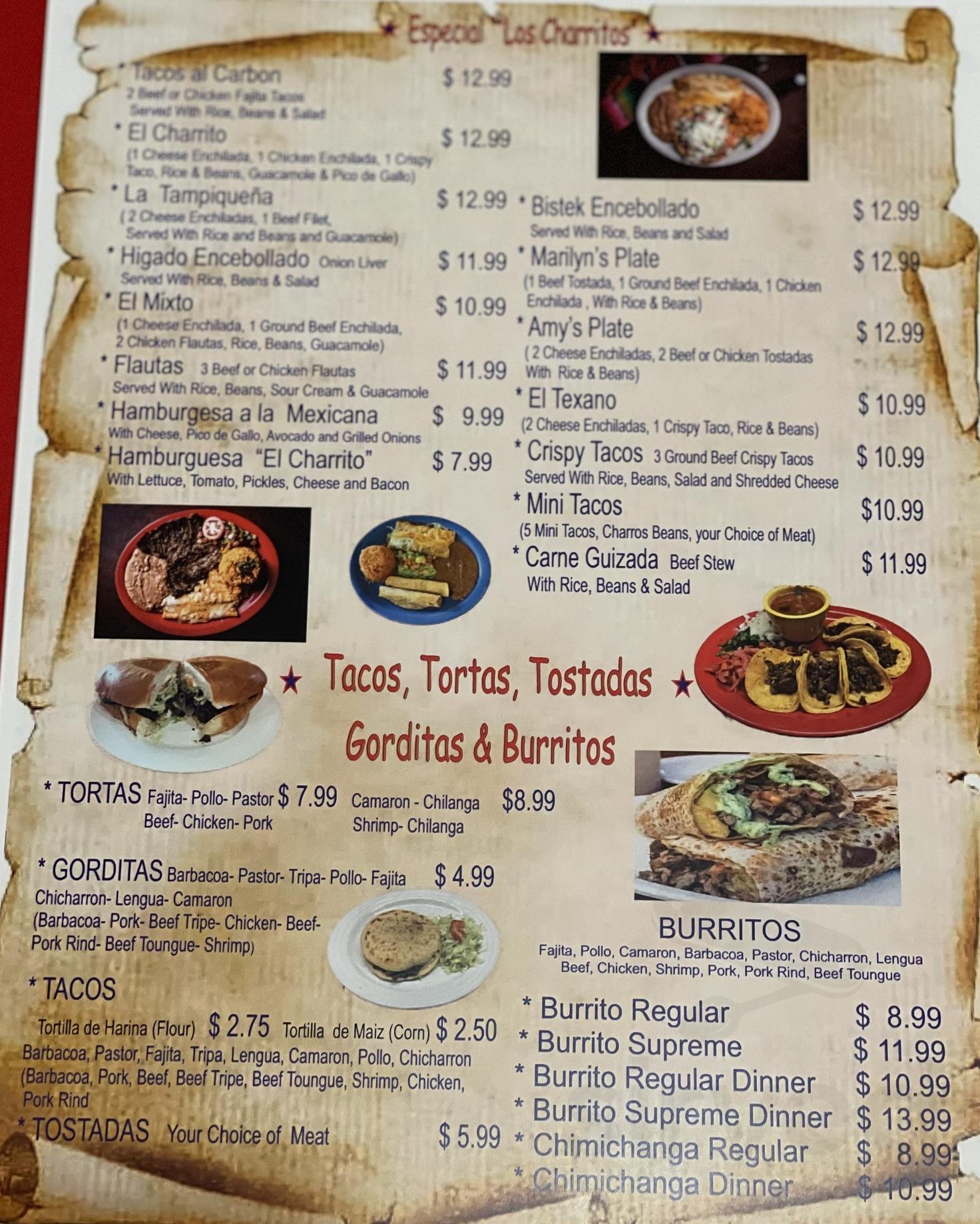 Los Charritos Mexican Grill menu in Rosenberg, Texas, USA