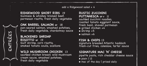Menu for Ridgewood Kitchen & Spirits in Mentor, OH | Sirved