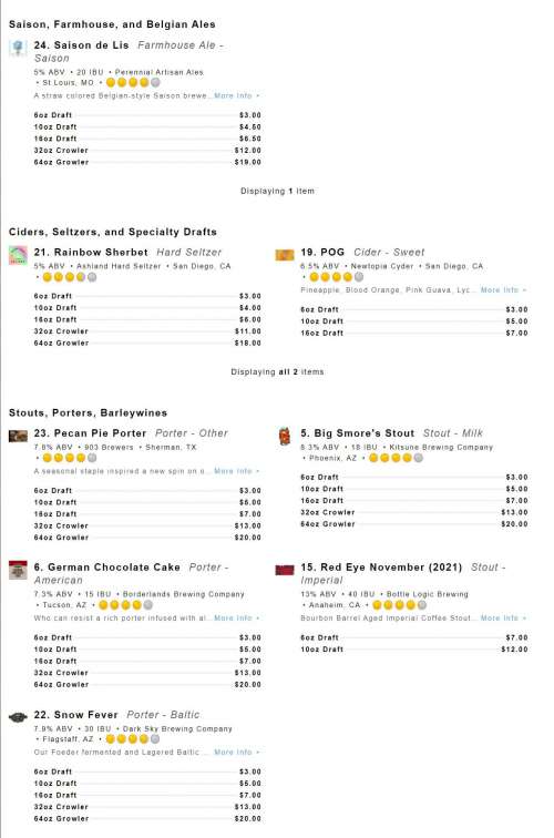 Caps & Corks menu in Tucson, Arizona, USA