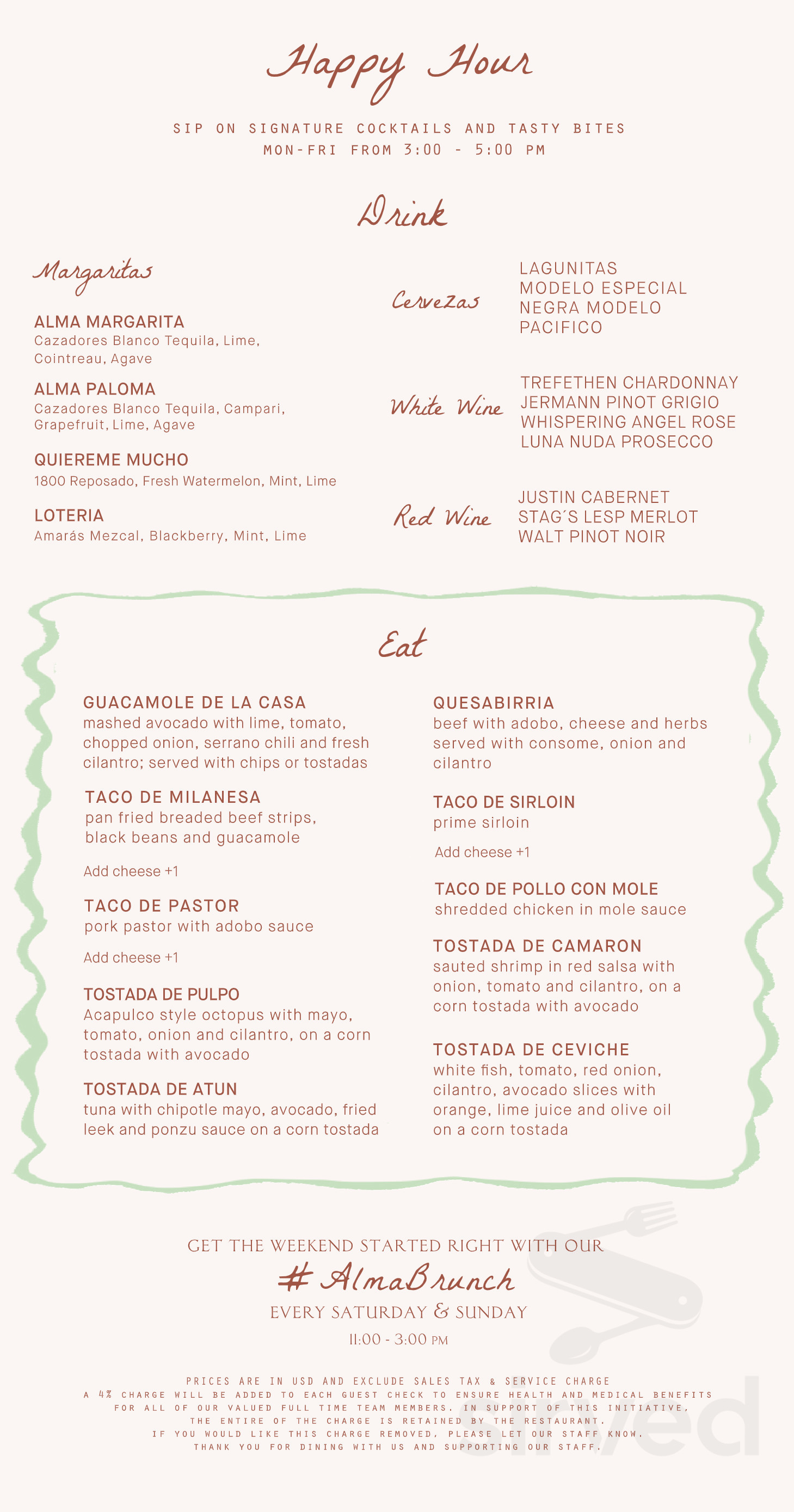 Alma menu in Los Angeles, California, USA