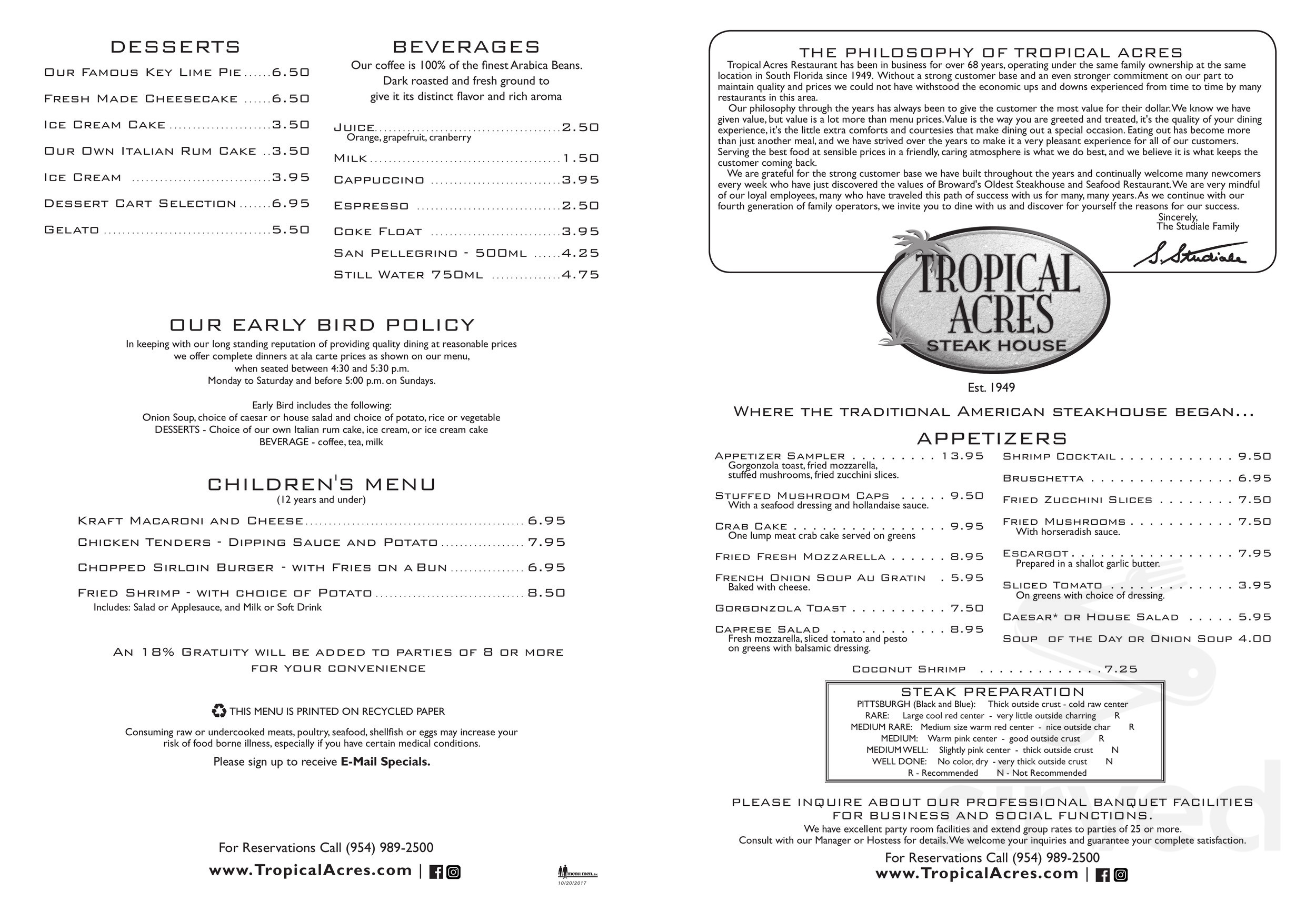 Tropical Acres Steakhouse menu in Fort Lauderdale, Florida, USA