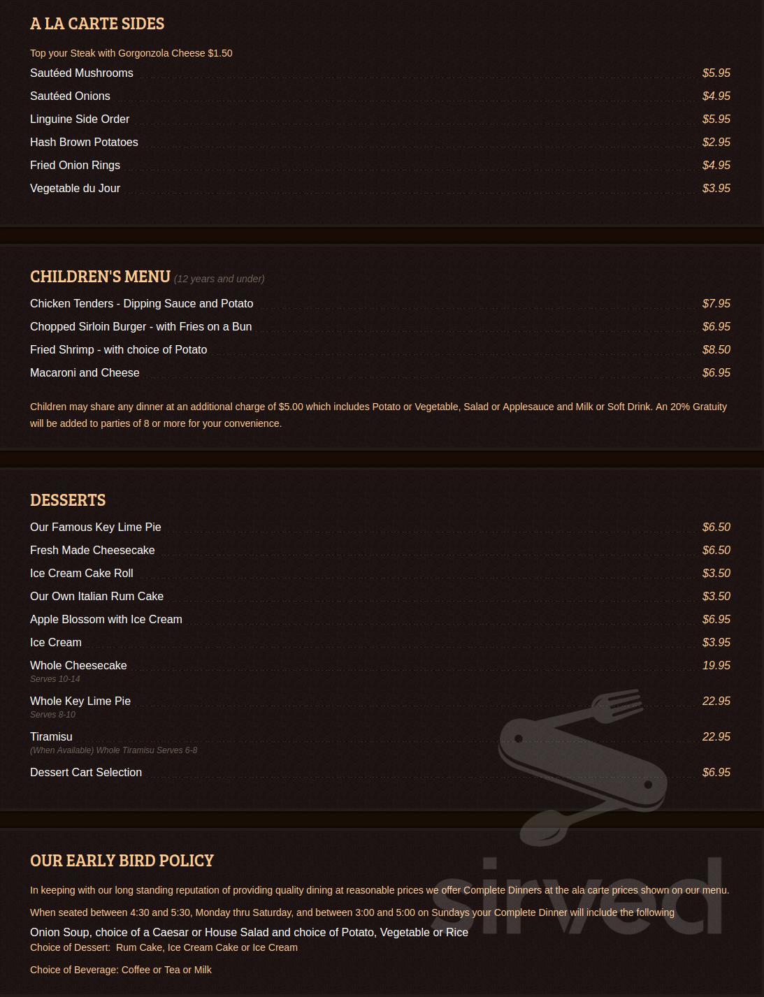 Tropical Acres Steakhouse menu in Fort Lauderdale, Florida, USA