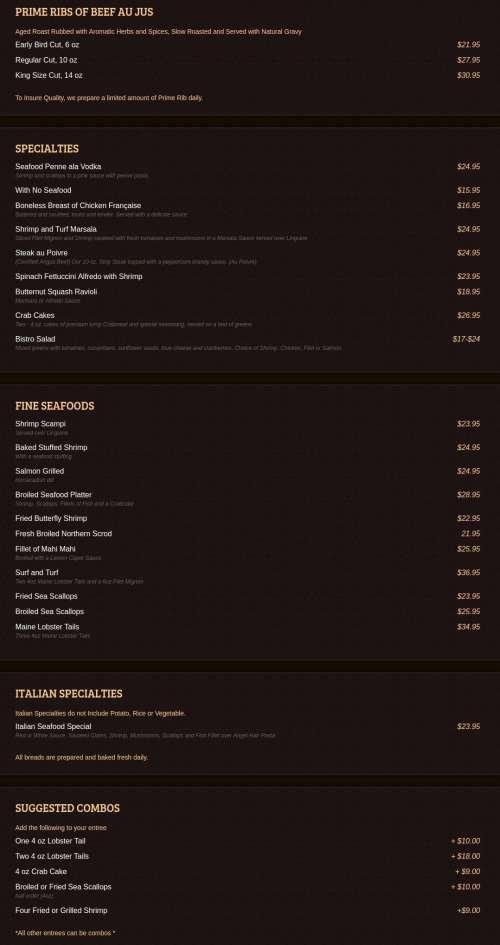 Tropical Acres Steakhouse menu in Fort Lauderdale, Florida, USA