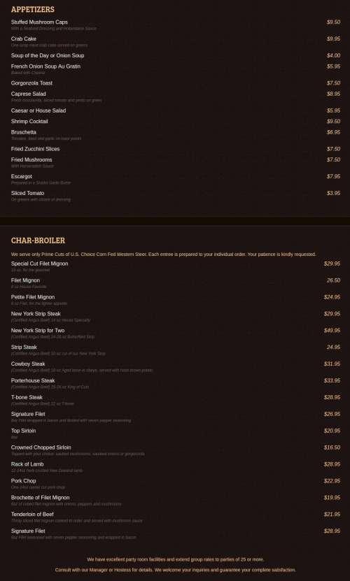 Tropical Acres Steakhouse menu in Fort Lauderdale, Florida, USA