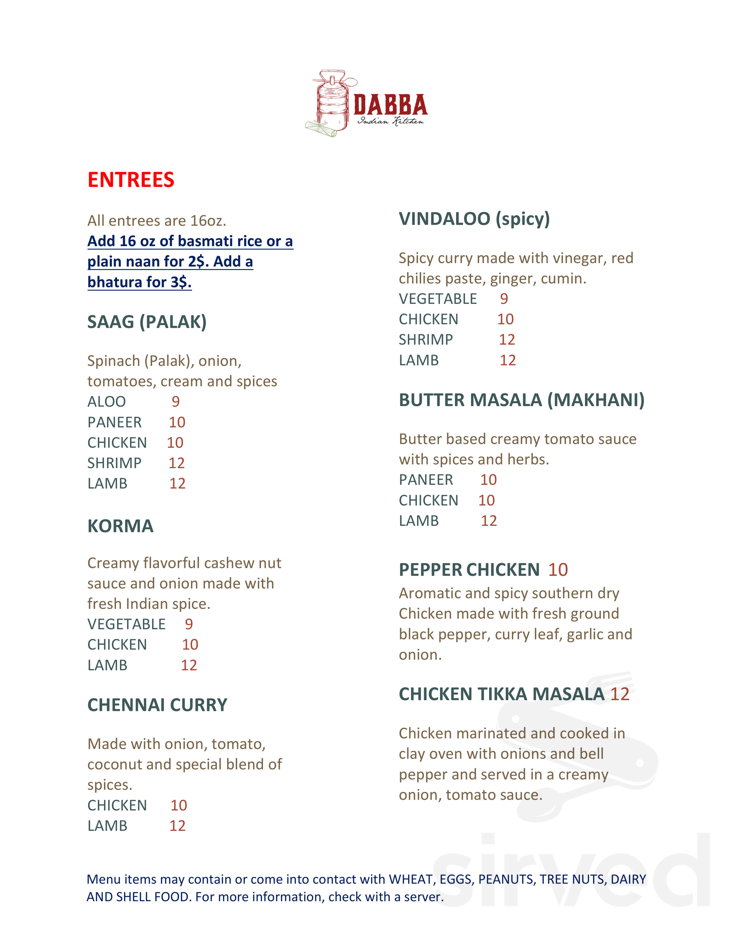 Dabba Indian Kitchen menu in Portland, Oregon, USA