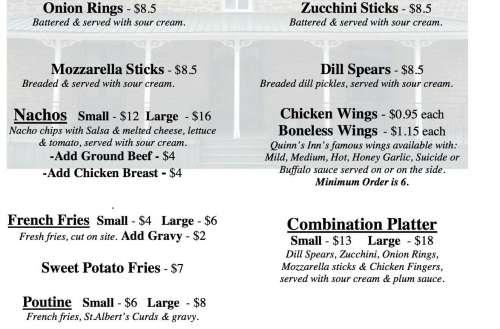 Quinn's Inn menu in St Andrews West, Ontario, Canada