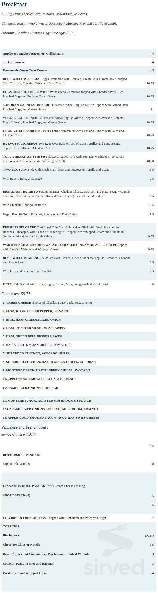 Blue Willow Restaurant menus in Tucson, Arizona, United States