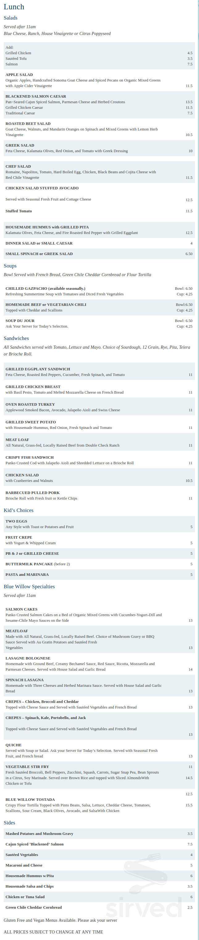 Blue Willow Restaurant menus in Tucson, Arizona, United States