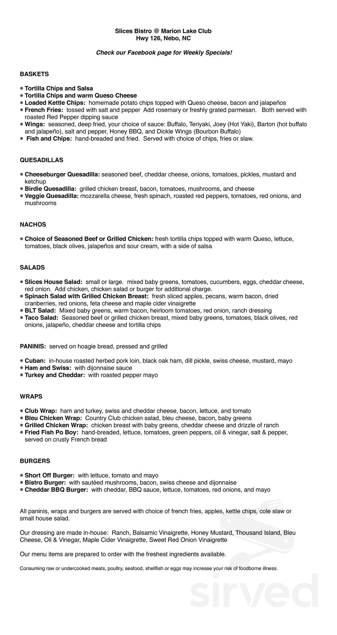 Menu for Slices Bistro in Nebo, NC | Sirved