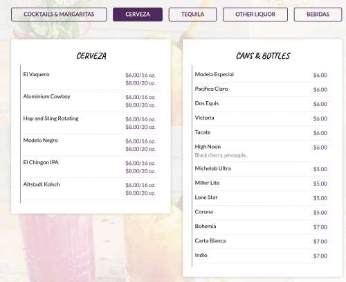 chído Taco Lounge menu in Frisco, Texas, USA