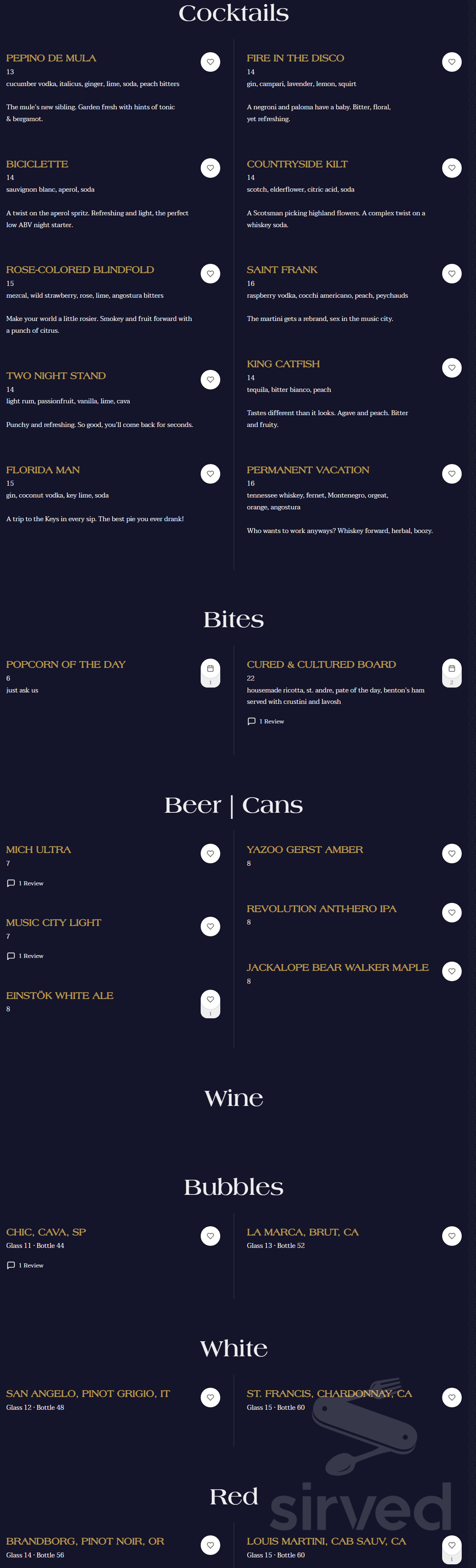 Skye Lounge menu in Nashville, Tennessee, USA