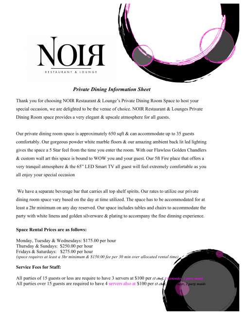 Noir Restaurant & Lounge menu in Baltimore, Maryland, USA