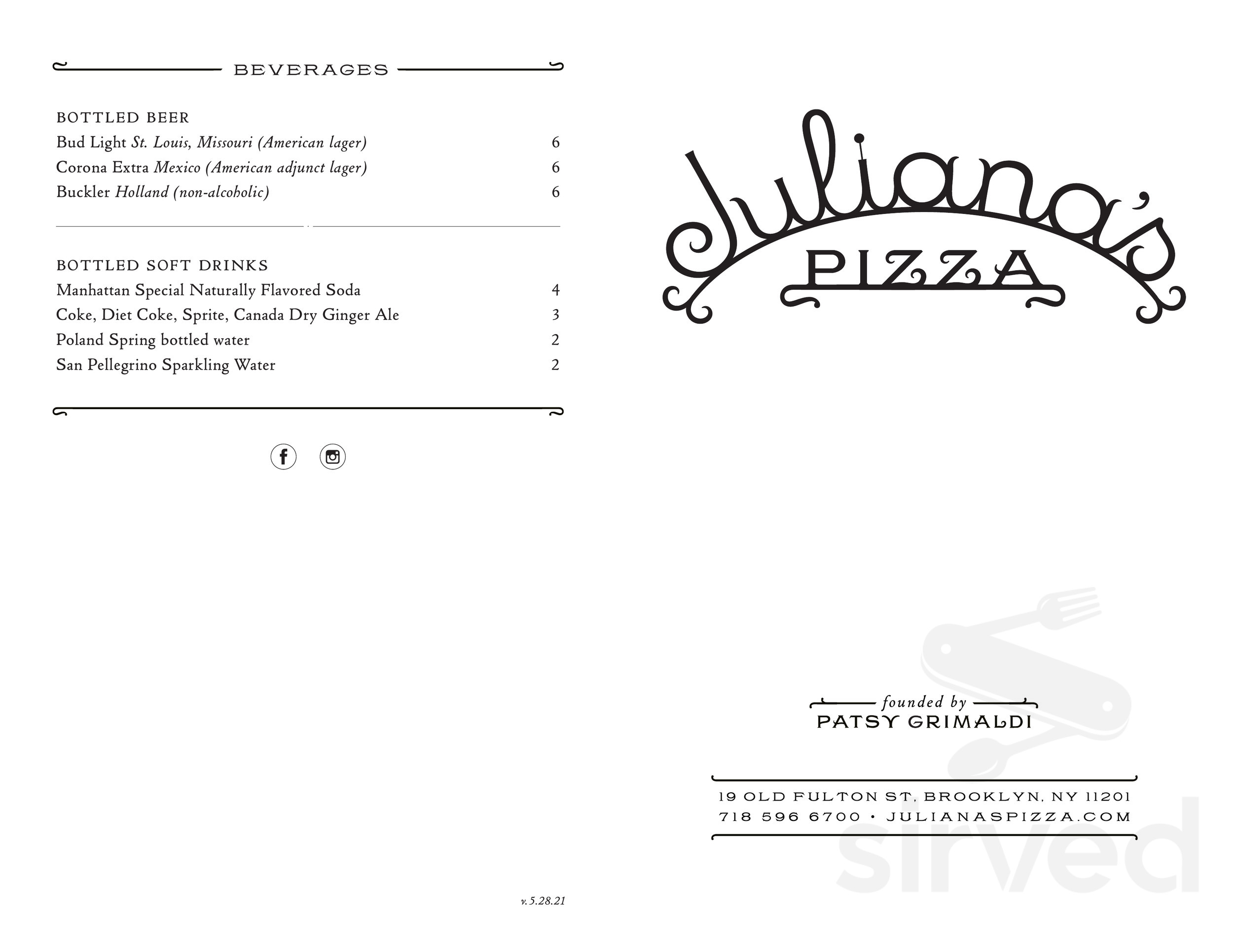 Juliana's menu in Brooklyn, New York, USA
