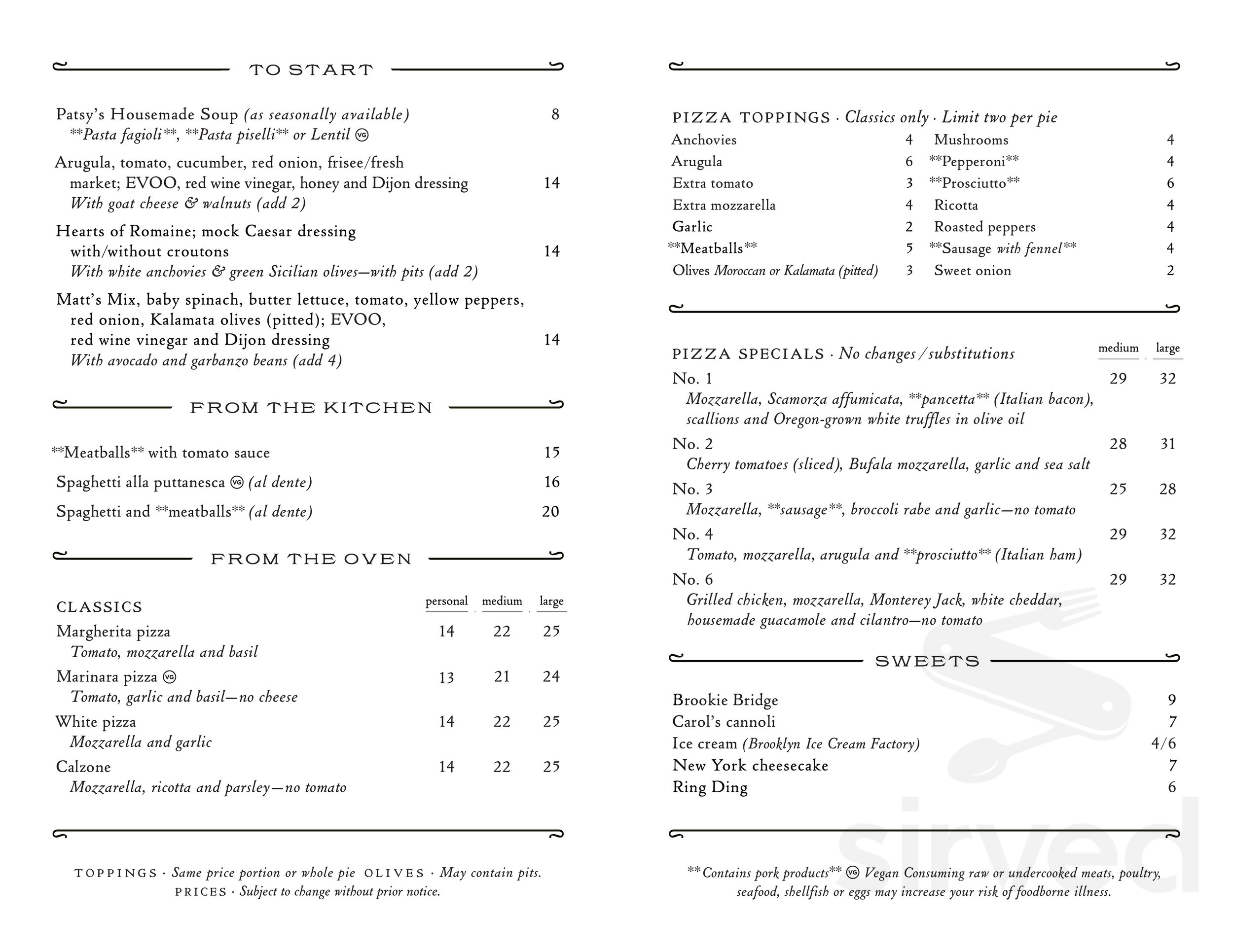 Juliana's menu in Brooklyn, New York, USA