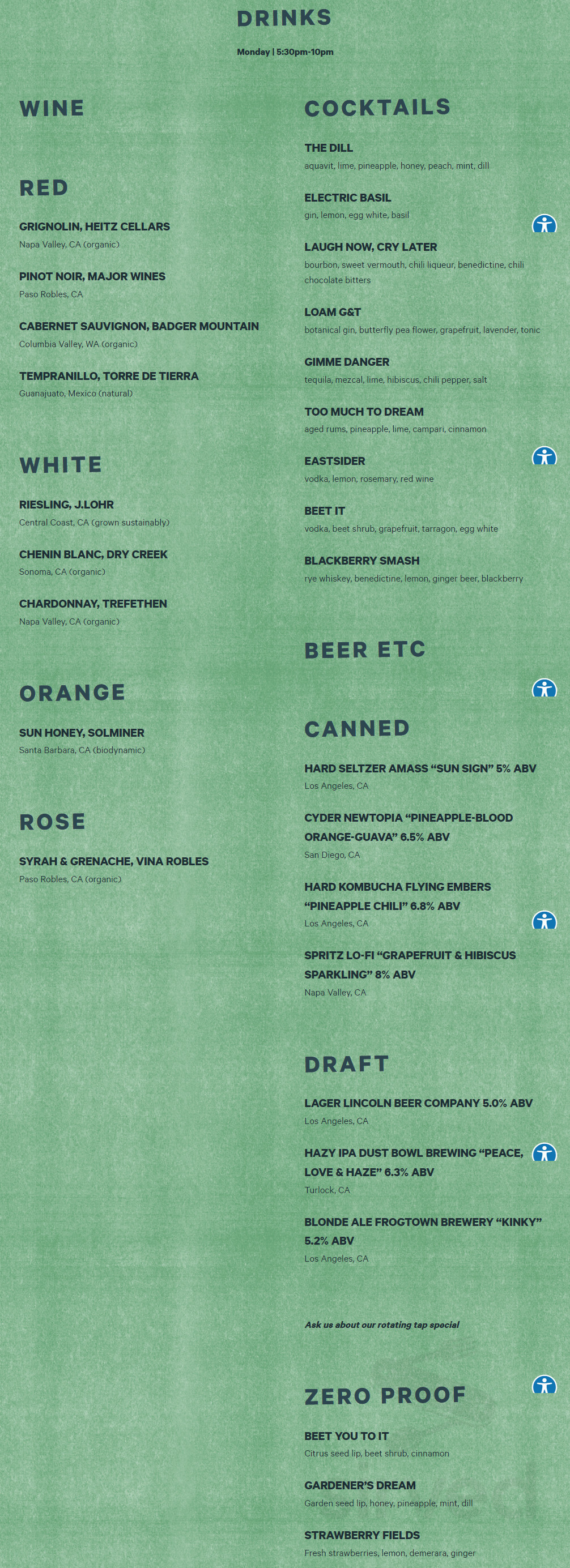 LOAM DTLA menu in Los Angeles, California, USA