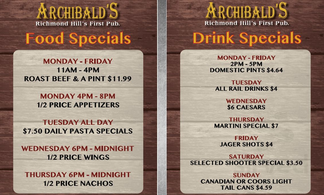 Archibald's Neighbourhood Pub menu in Richmond Hill, Ontario, Canada