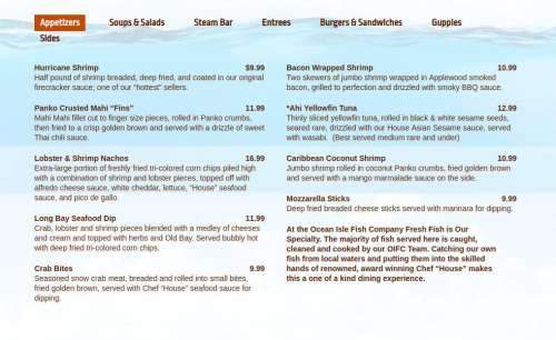 Ocean Isle Fish Company menu in Ocean Isle Beach, North Carolina, USA