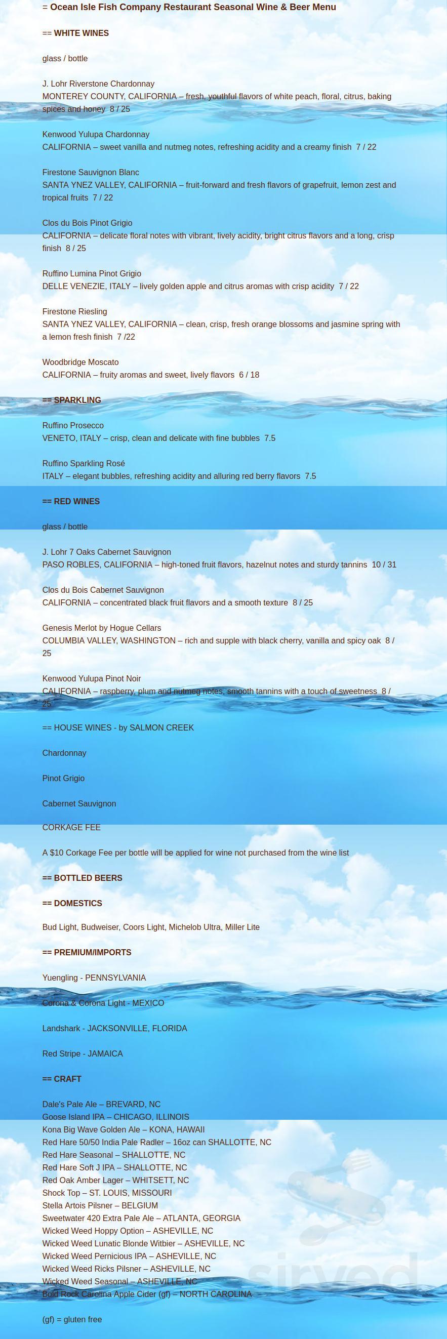 Menu for Ocean Isle Fish Company in Ocean Isle Beach, NC | Sirved