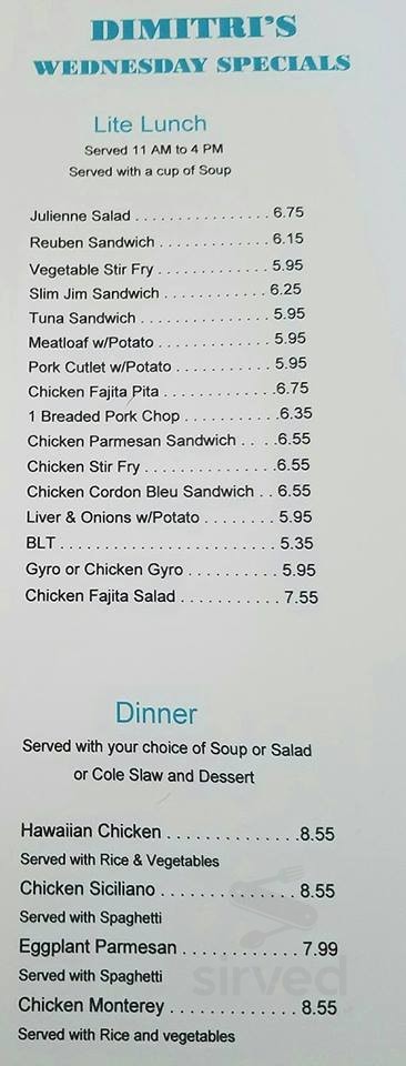 Bayside Dimitri's Family Dining menu in New Baltimore, Michigan, USA