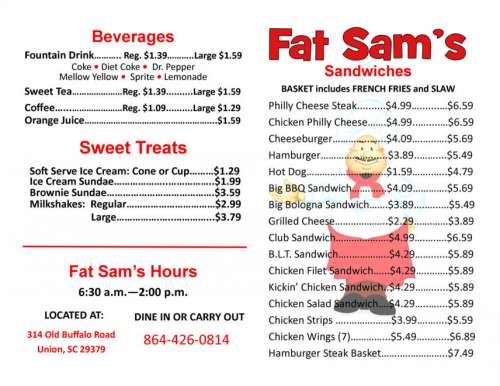 Fat Sam's menu in Union, South Carolina, USA